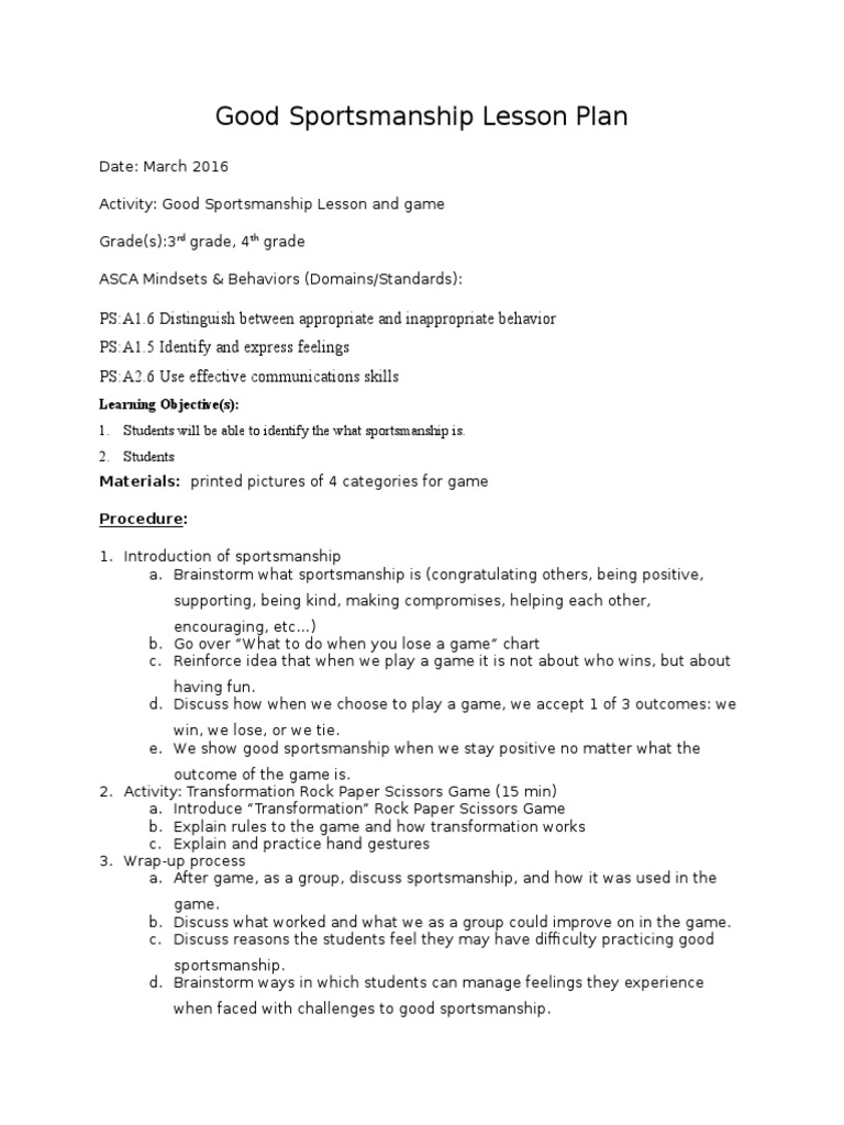 Good Sportsmanship Lesson Plan | PDF | Lesson Plan | Education Theory