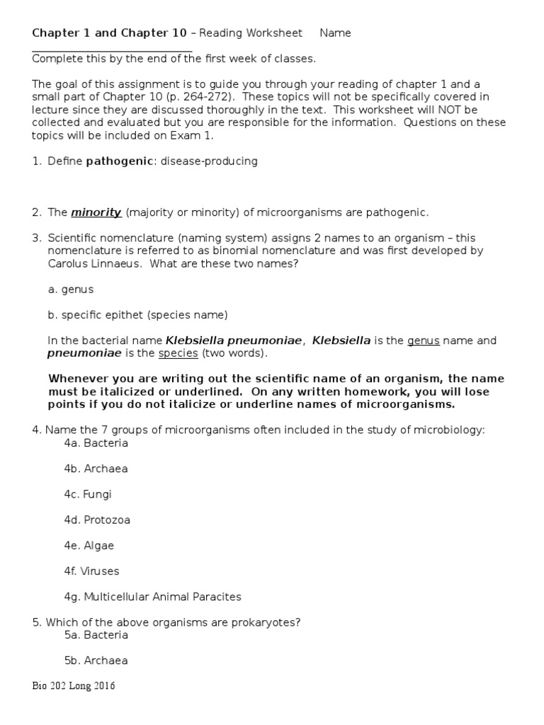 Chap 1 Reading Worksheet | PDF | Microorganism | Bacteria