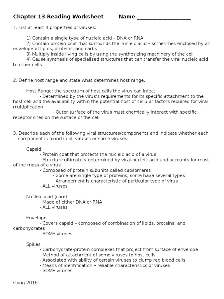 Chap 13 Reading Worksheet | PDF | Virus | Bacteria