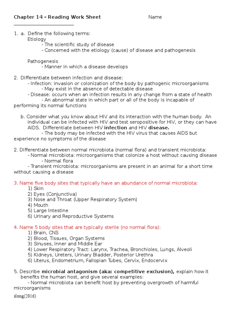 Chap 14 Reading Worksheet | PDF | Transmission (Medicine) | Infection