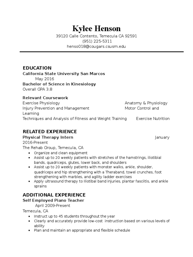 Kylee Henson: Kinesiology Graduate Resume | PDF