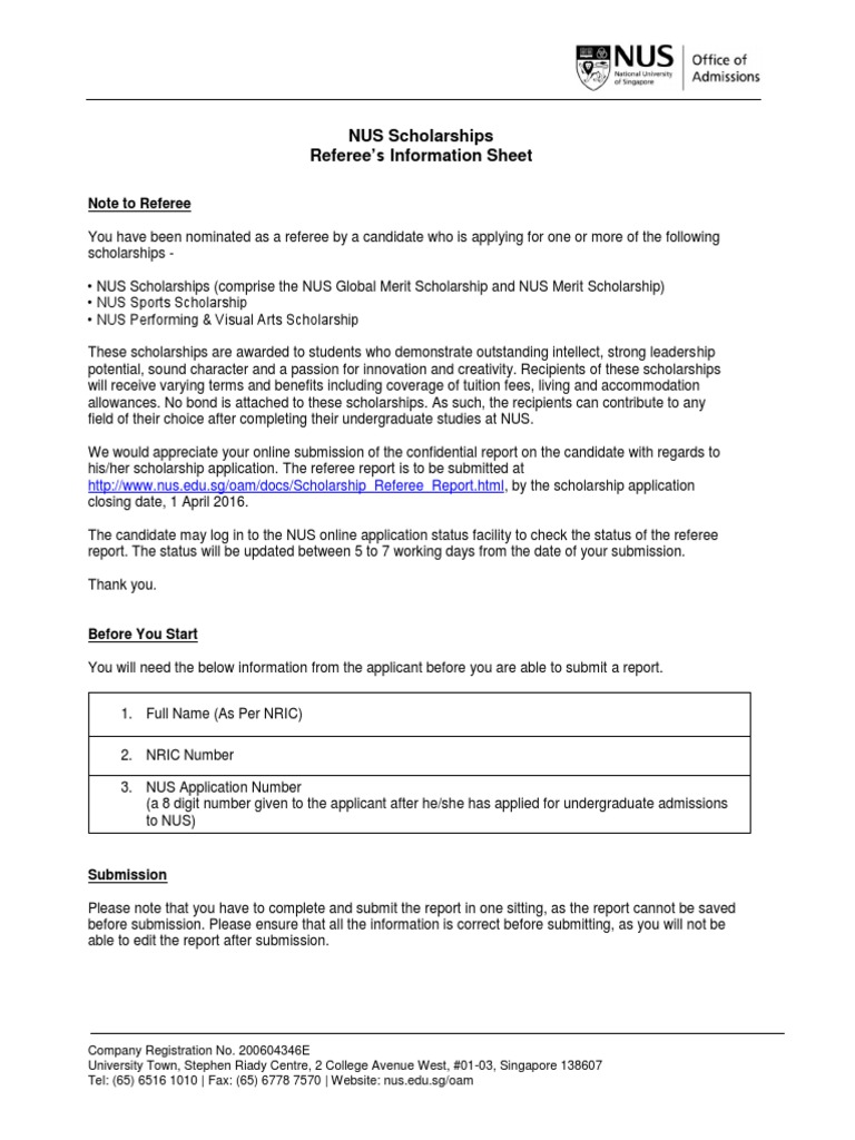 NUS Scholarship Referee Report | PDF | Faq | Students