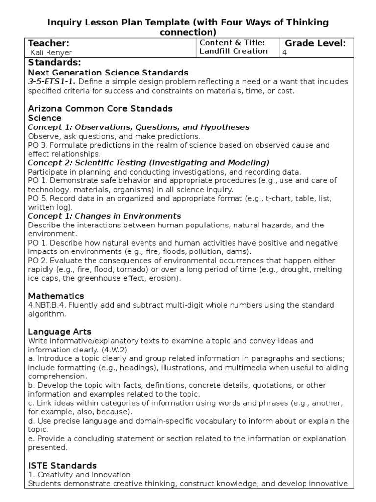 Inquiry Lesson Plan Template (With Four Ways of Thinking Connection ...
