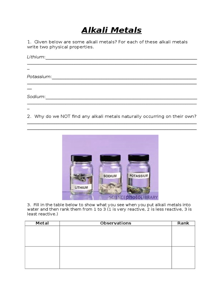 Alkali Metals Worksheet | PDF