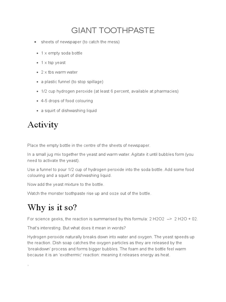 Giant Toothpaste Science Experiment | PDF