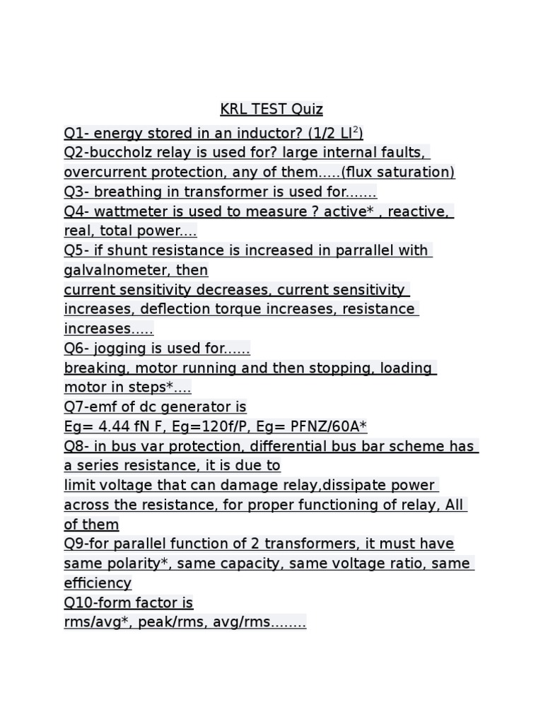 KRL Physics Test Quiz Questions | PDF | Transformer | Electrical ...