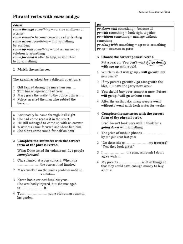 Phrasal Verbs: Come and Go Exercises | PDF
