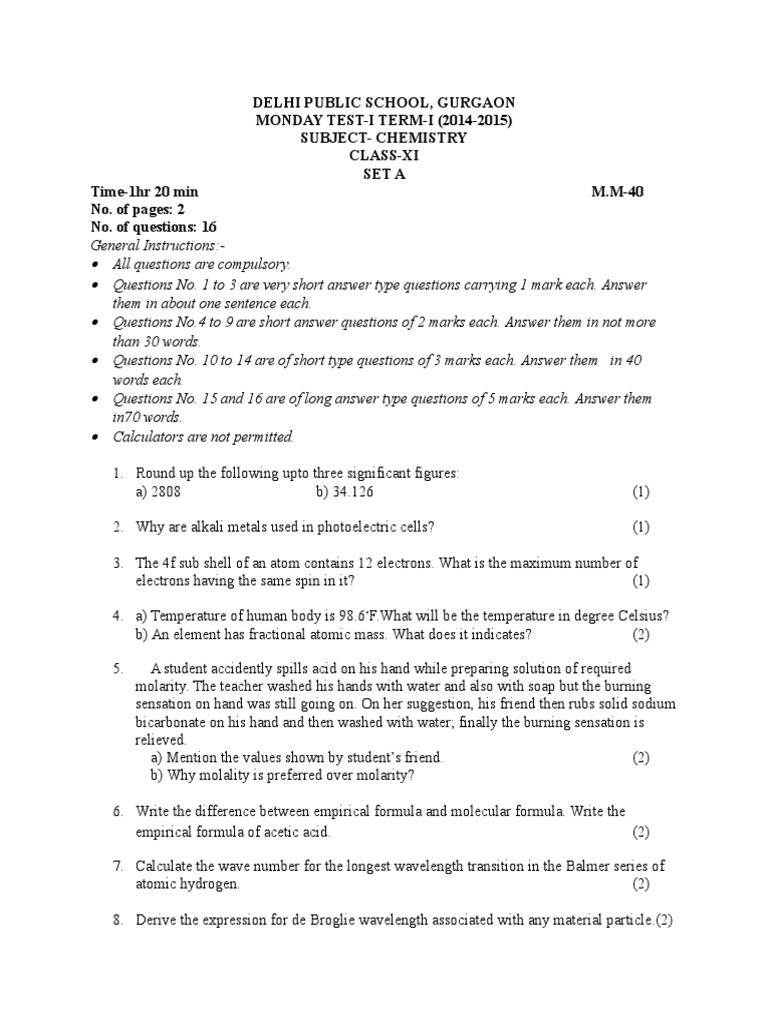 Chemistry DPS PAPER | PDF | Mole (Unit) | Atoms