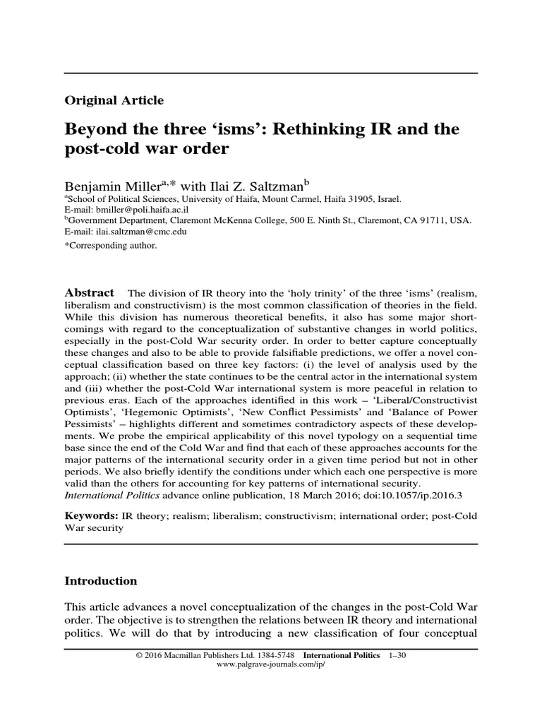 Miller e Saltzman, Beyond The Three Isms', Rethinking IR and The Post-Cold War Order | PDF ...