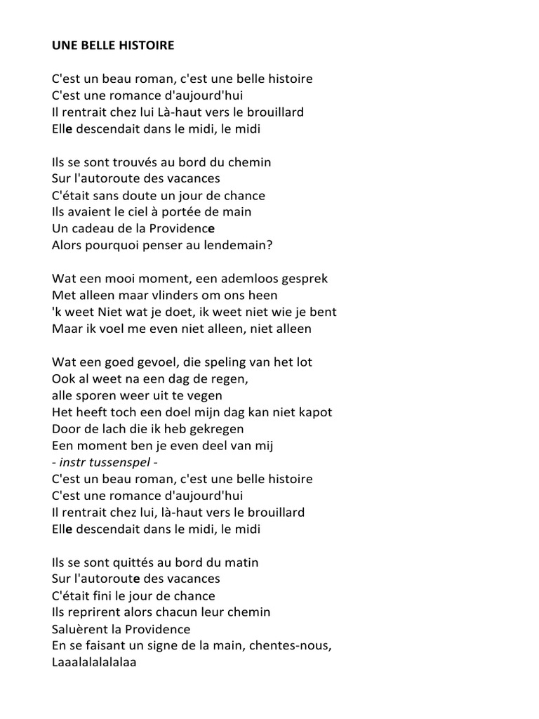 Une Belle Histoire Lyrics | PDF