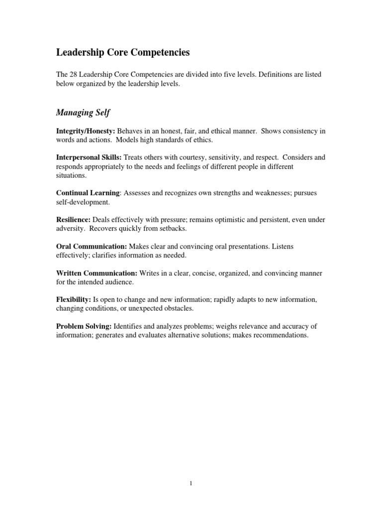 The 28 Core Competencies Are Divided Into Five Leadership Levels | PDF ...