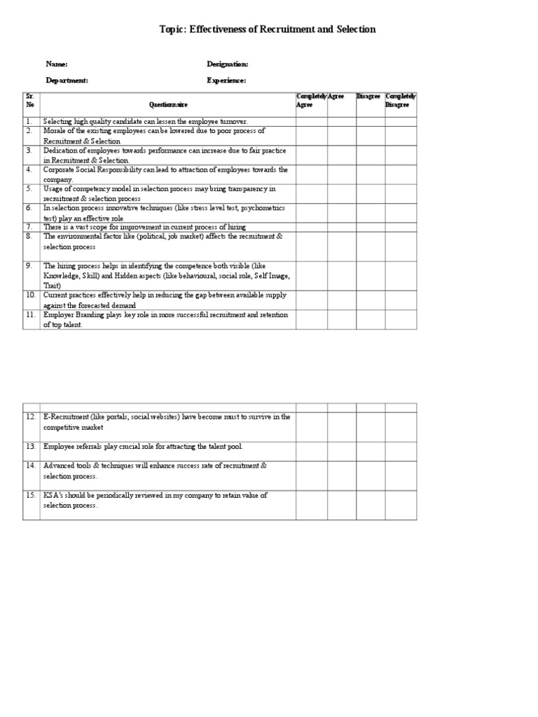 Topic: Effectiveness of Recruitment and Selection: Name: Designation ...