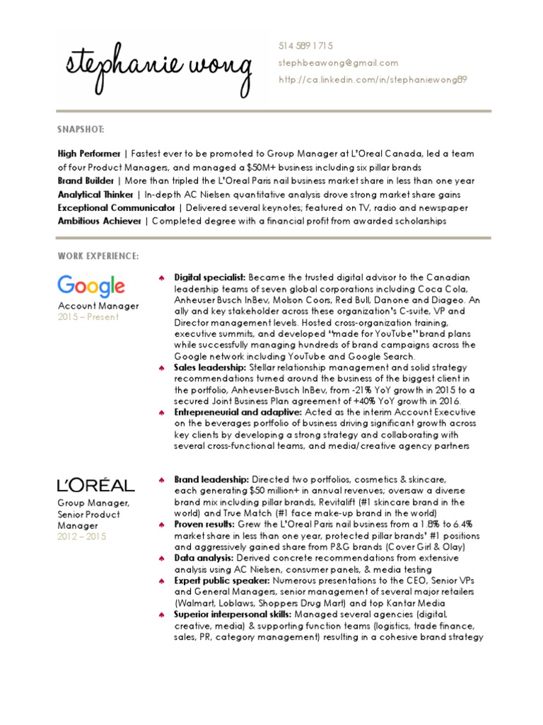 Stephanie Wong - Resume 04-2016 | PDF | Entrepreneurship | Brand