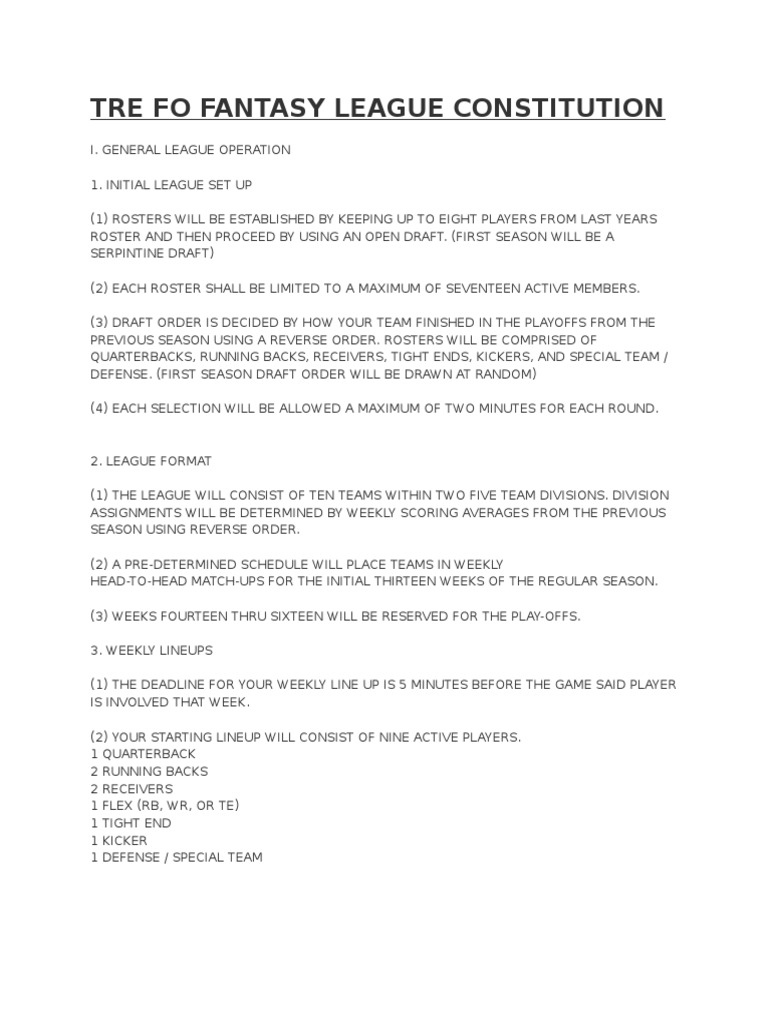 Fantasy Football League Rules | PDF | National Football League Teams ...