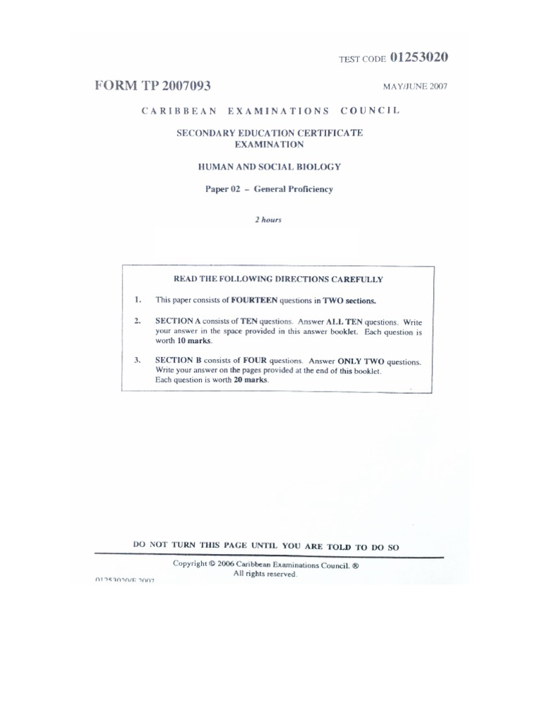 CXC CSEC HSB Paper 2 2007 PDF | PDF