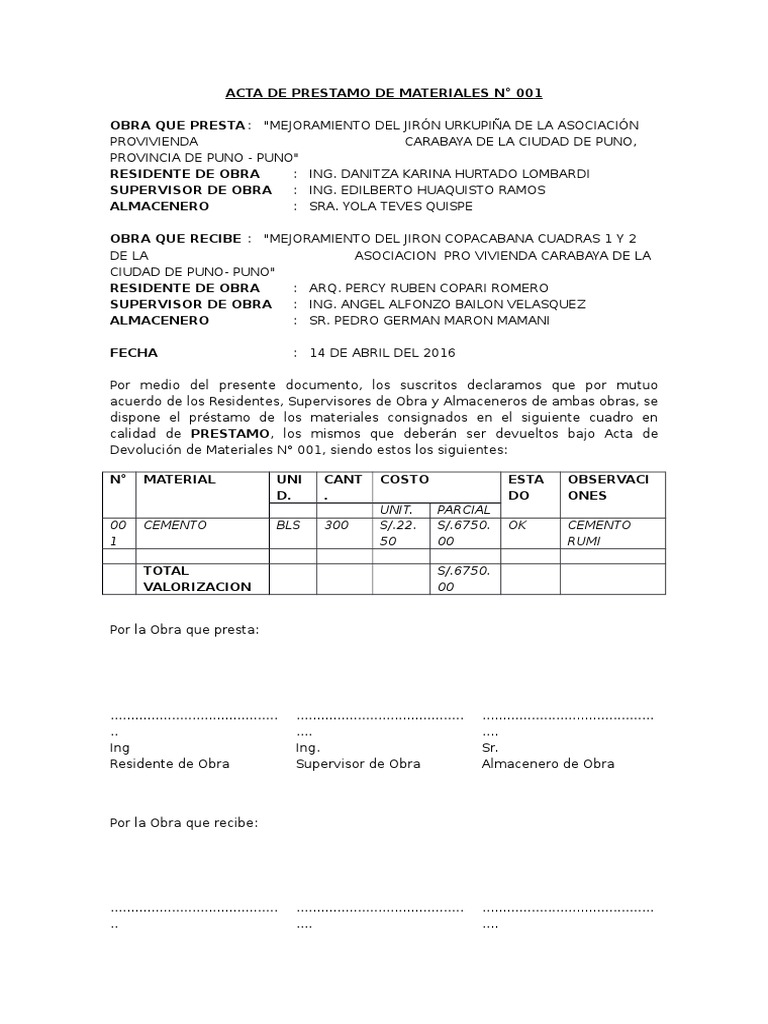 Acta de Prestamo de Materiales n001 | PDF