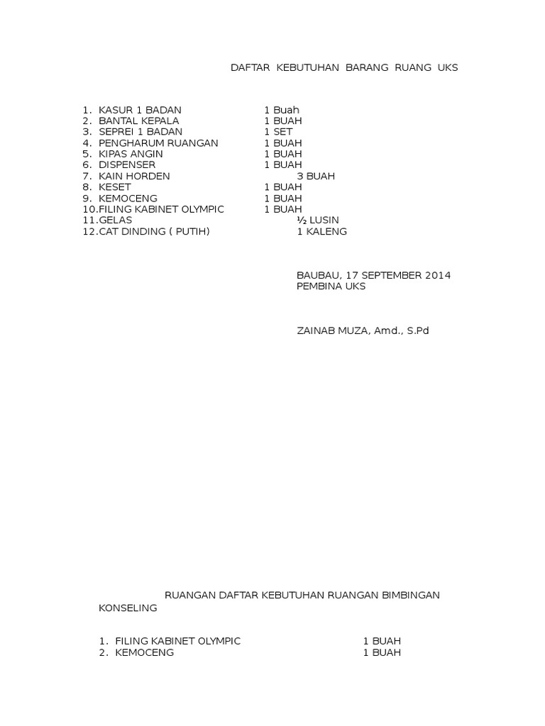 Contoh Daftar Kebutuhan Barang Ruang Uks | PDF