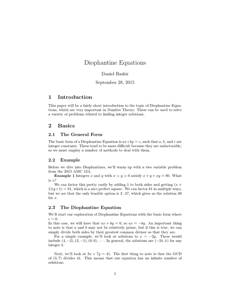 Diophantine Equations Handout Pdf Discrete Mathematics Equations