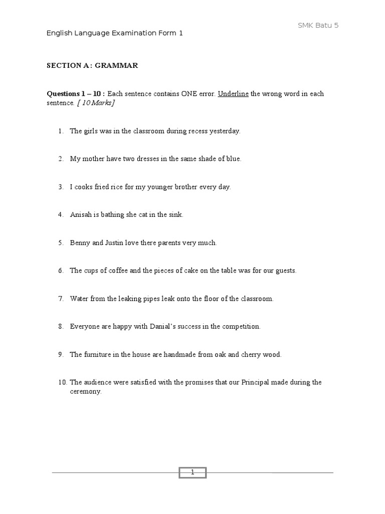 English Form 1 Test | PDF | Cooking | Food And Drink