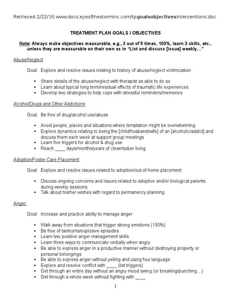 TX Plan Goals Objectives 2 | PDF | Anger | Psychological Trauma