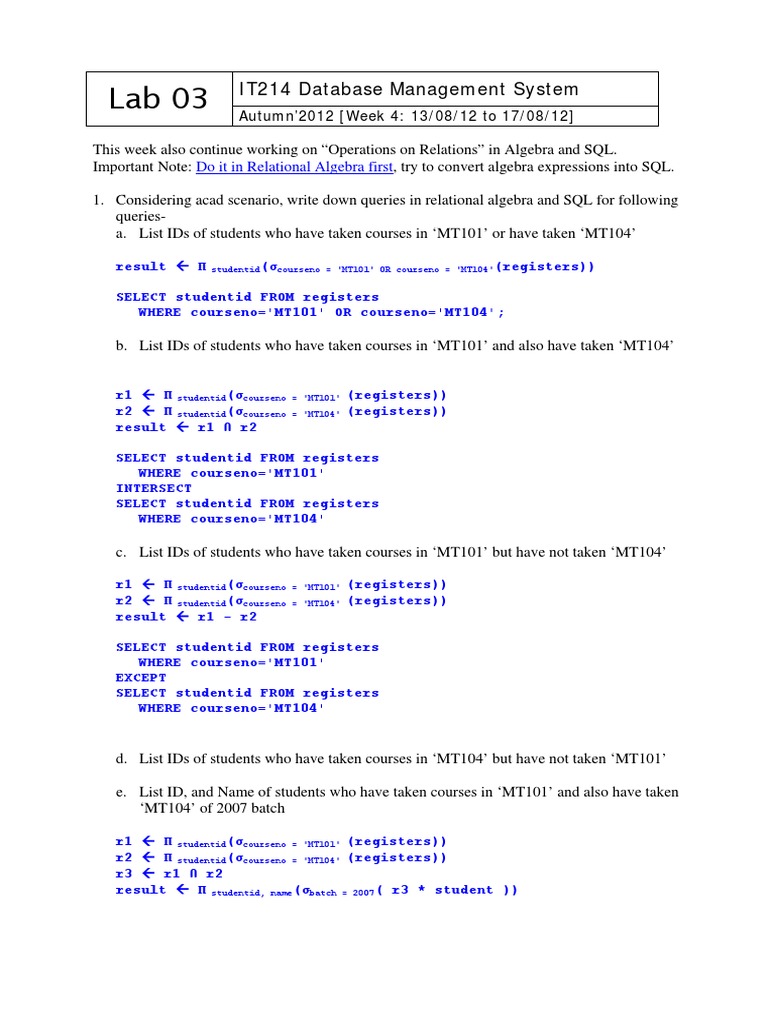 Lab03 Solutions - DBMS - Queries | PDF | Relational Model | Databases