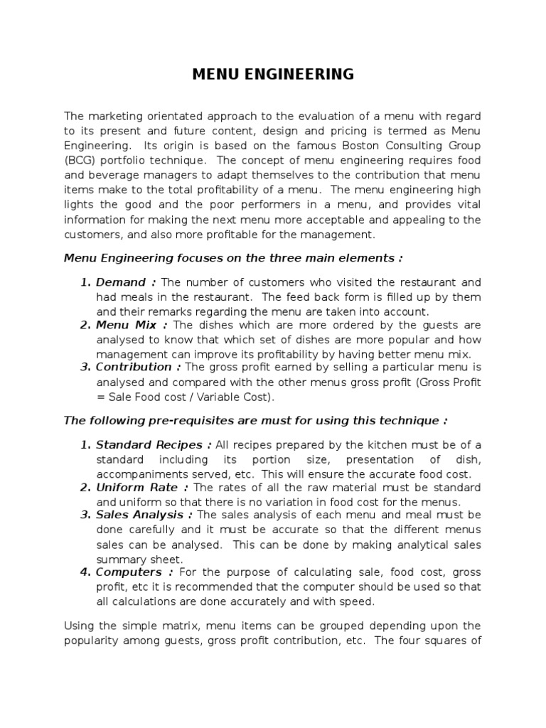 Menu Engineering | PDF | Menu | Business Economics