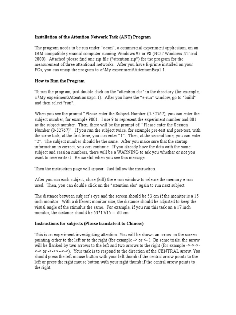 Installation and Operation Instructions for the Attention Network Task ...