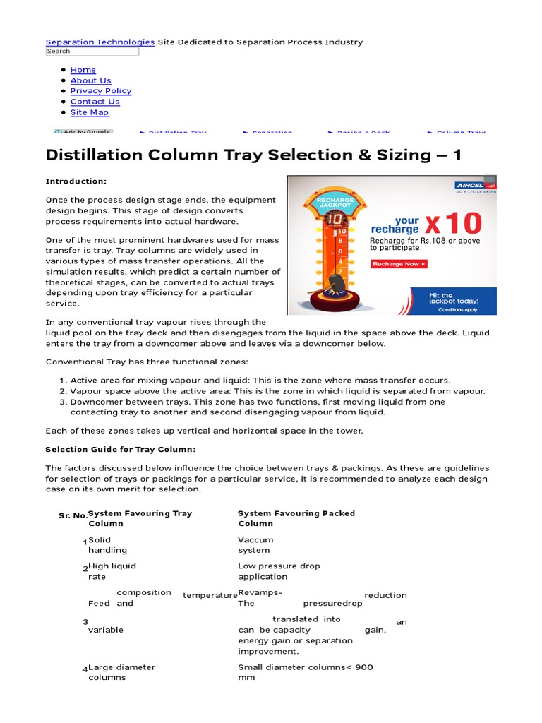 Distillation Column Tray Selection & Sizing - 1 - Separation ...