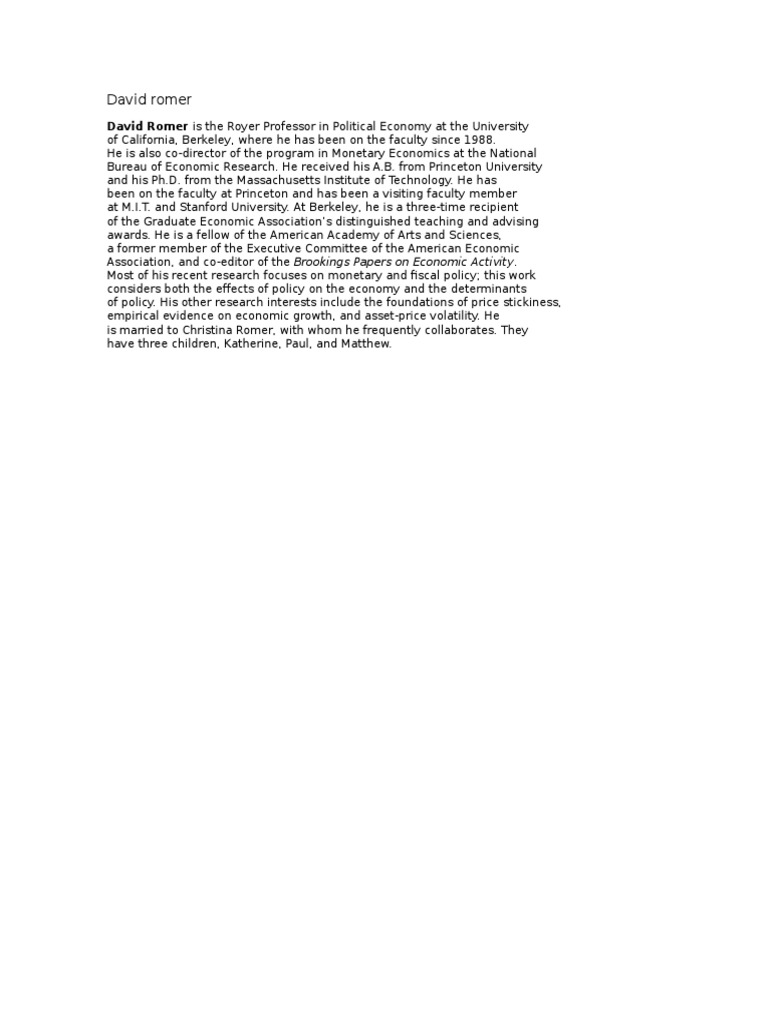 David Romer: David Romer Is The Royer Professor in Political Economy at ...