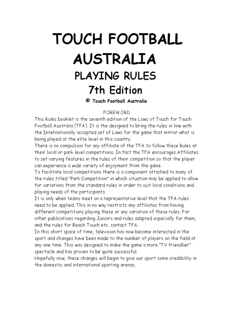 Touch Football Australia: Playing Rules 7th Edition | PDF | Touchdown ...