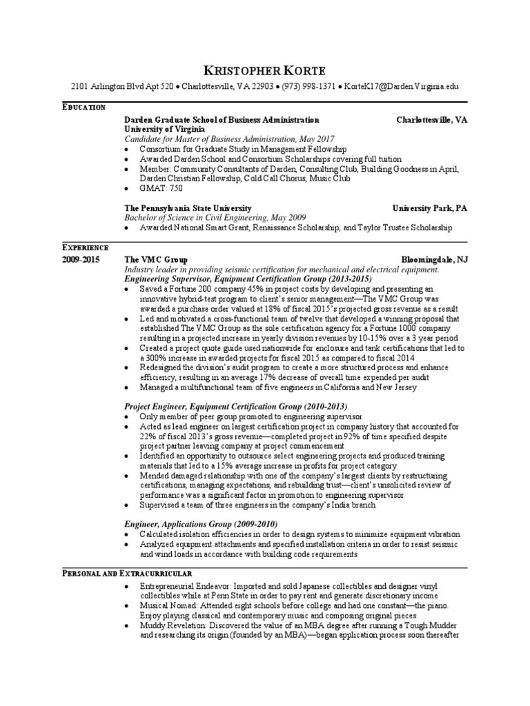 MBA Candidate Resume Kristopher Korte | PDF | Master Of Business Administration | Engineering