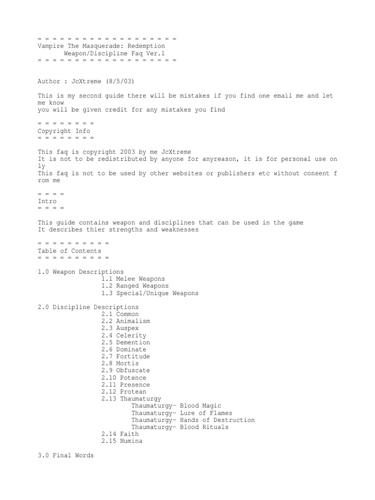 Vampire, The Masquerade, Redemption - Weapon-Discipline | PDF | Leisure