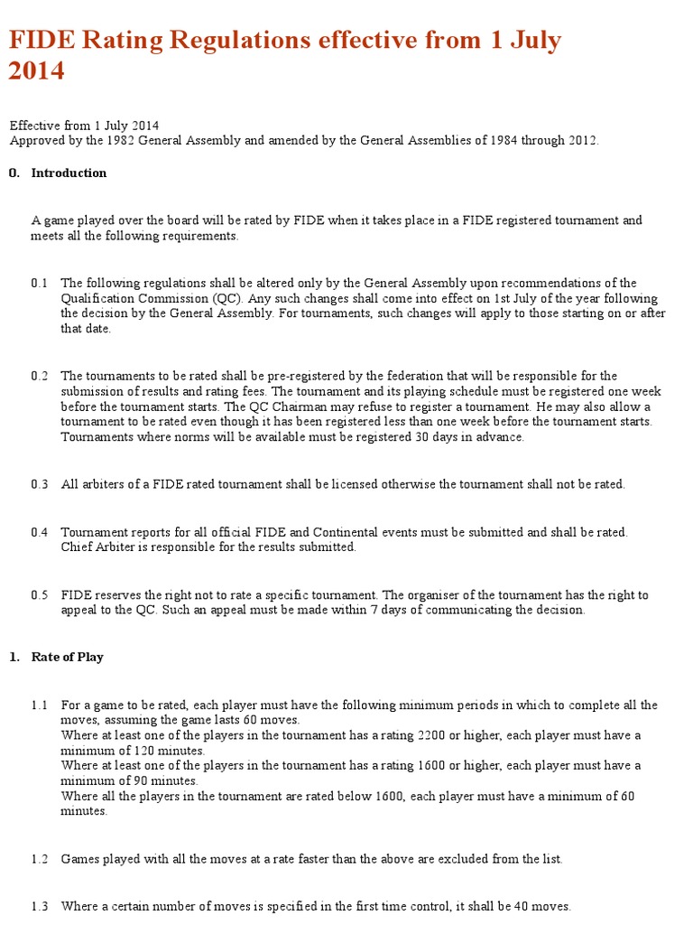 FIDE Rating Regulations Effective From 1 July 2014 | PDF | Tournament ...
