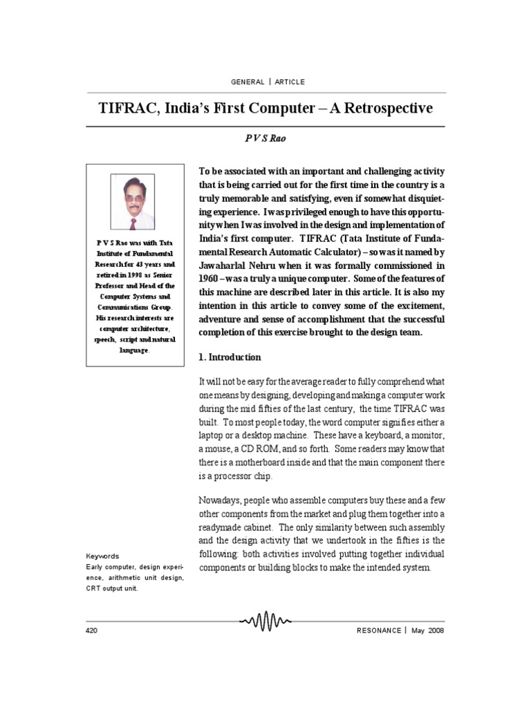 TIFRAC, India's First Computer | PDF | Manufactured Goods | Digital ...
