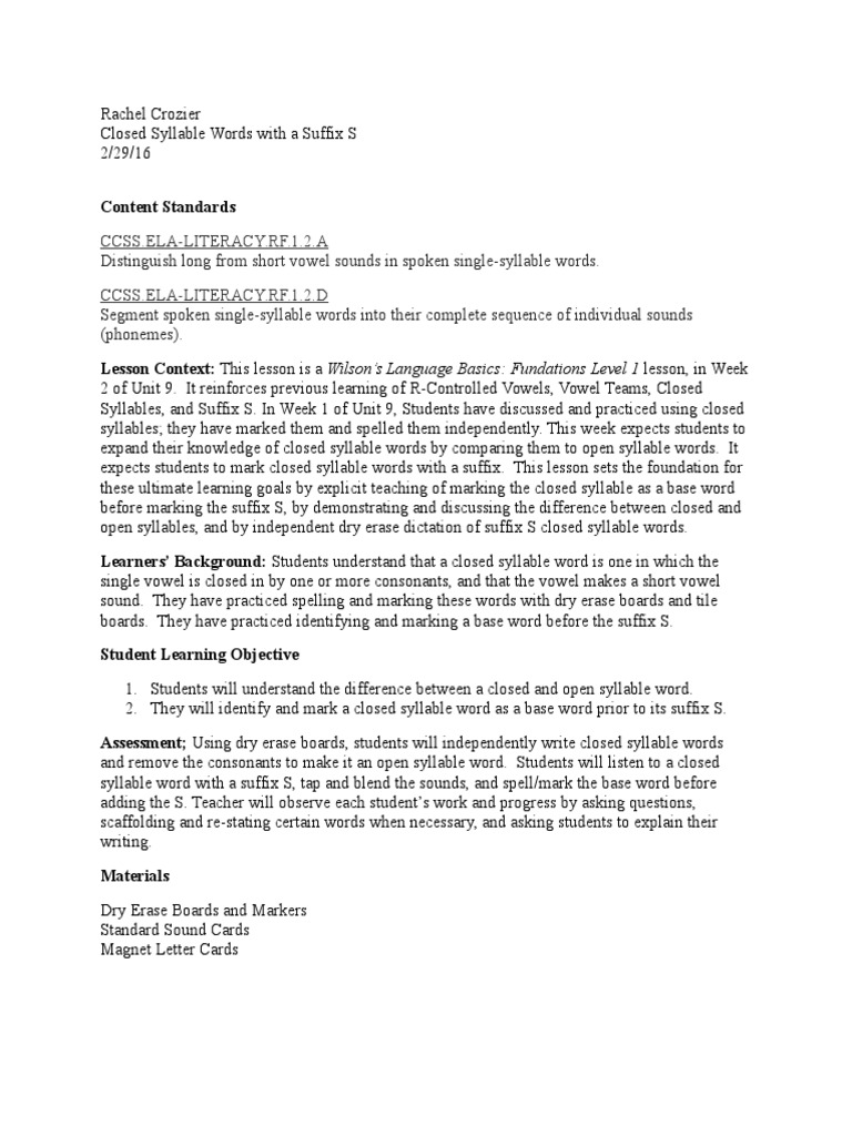 Student Teaching Fundations Lesson Plan | PDF | Syllable | Vowel