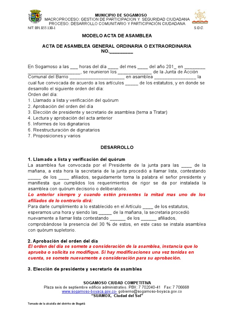 Modelo Actas de Asamblea Junta de Acción Comunal | PDF | Gobierno