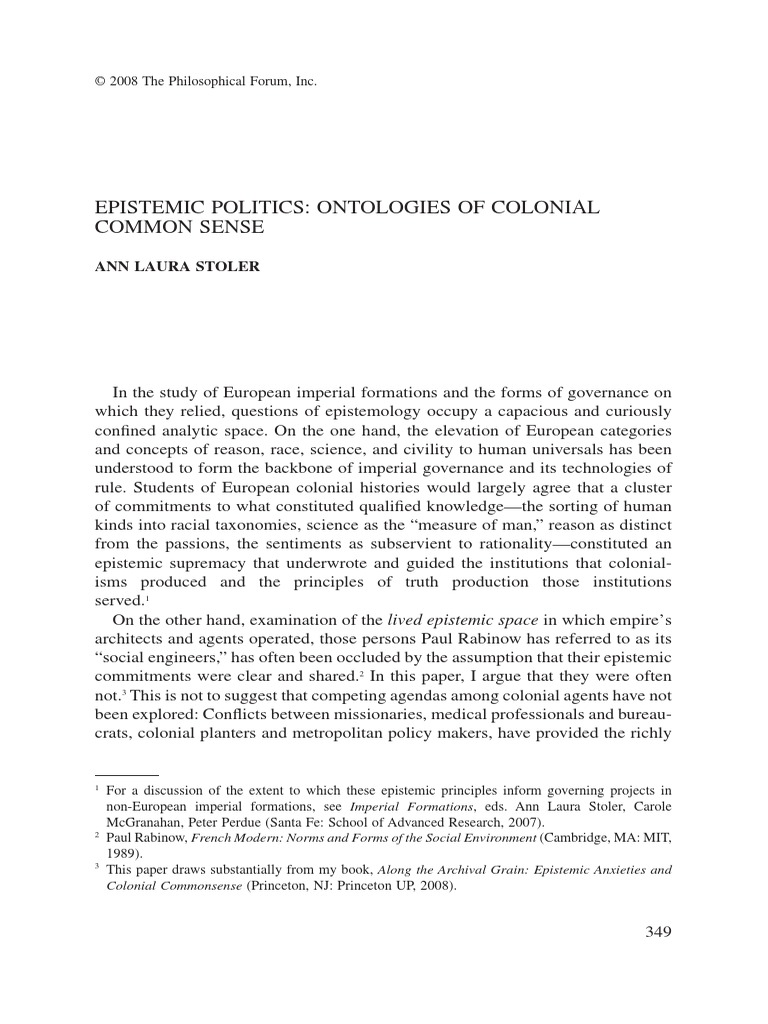 Ann Stoler Epistemology | PDF | Colonialism | Epistemology