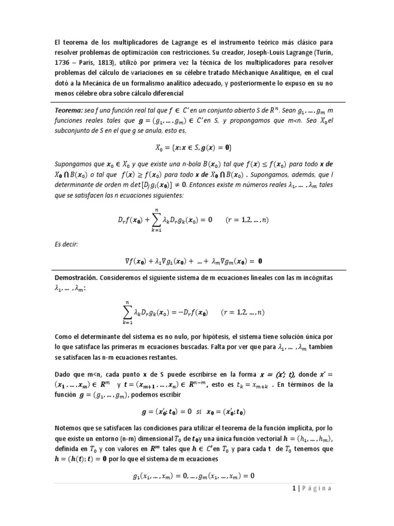 Teorema-Multiplicadores de Lagrange | PDF | Ecuaciones | Derivado