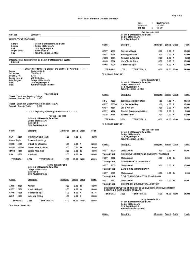 Transcripts Pdf Grading Education Bachelor Of Arts