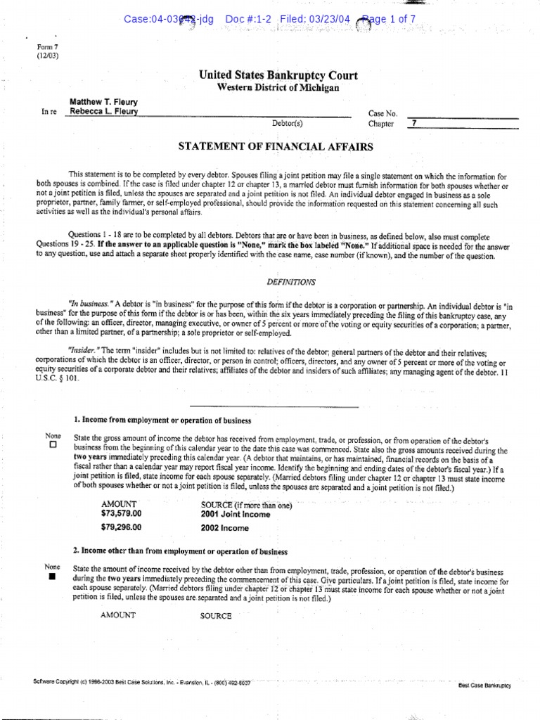Statement of Financial Affairs-Fleury Chapter 7 Bankruptcy | PDF