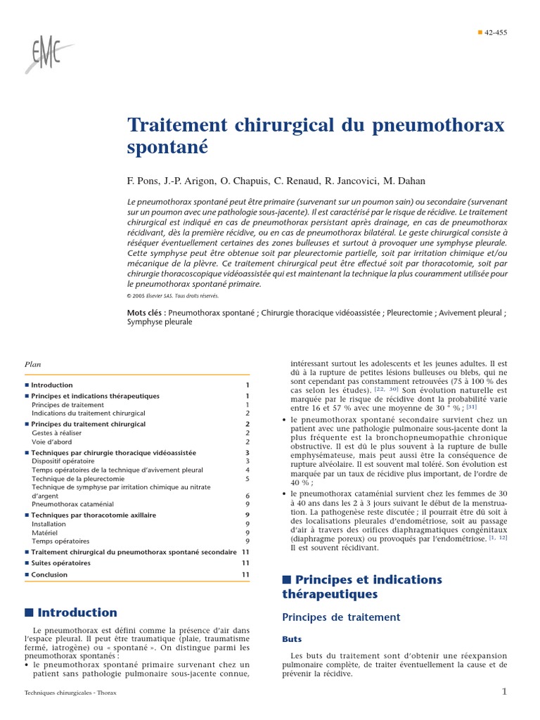04.traitement Chirurgical Du Pneumothorax Spontané | PDF | Spécialités ...