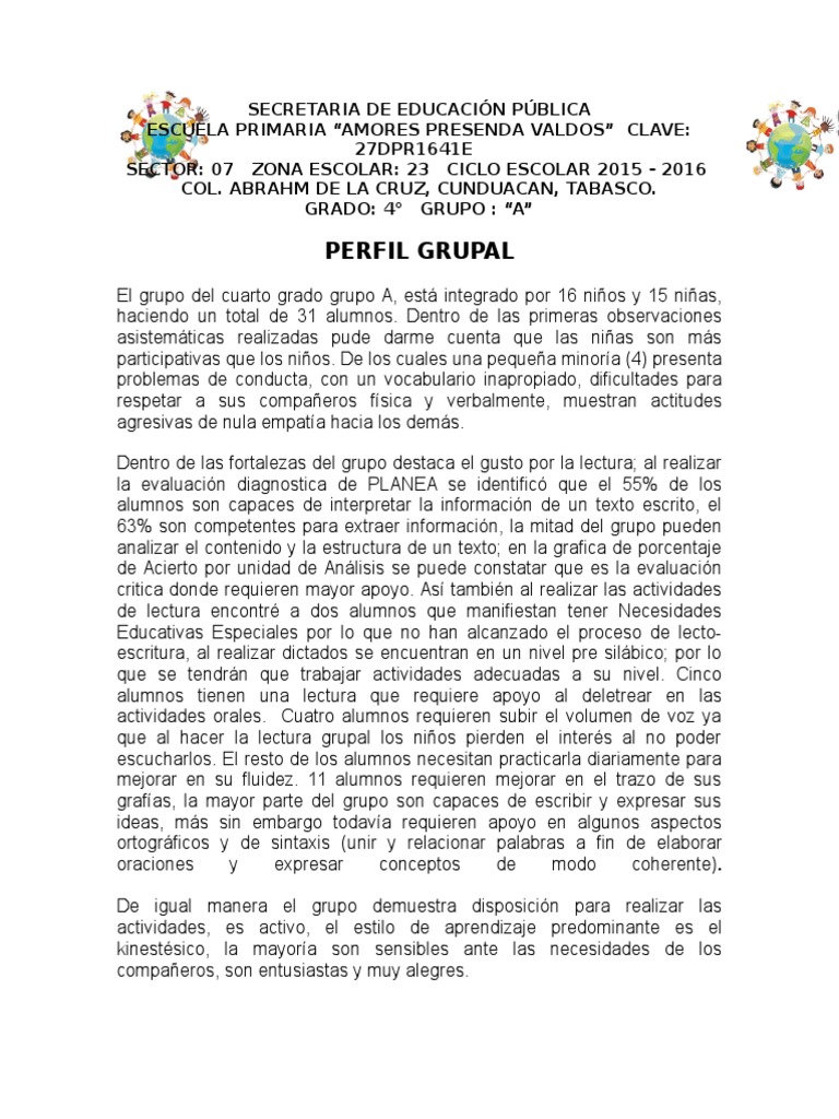 Perfil grupal cuarto grado A primaria | PDF | Lectura (proceso) | Aprendizaje