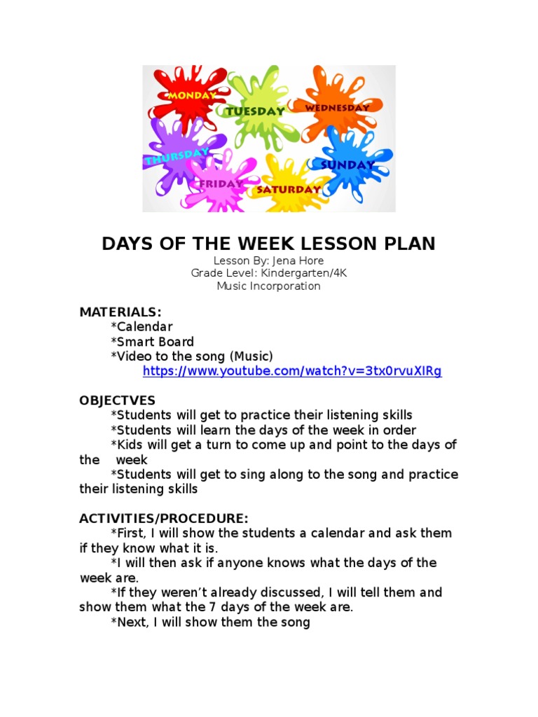 Days of The Week Lesson Plan: Materials | PDF | Language Arts ...