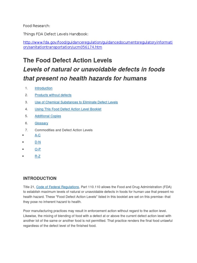 Guide to the FDA's Food Defect Action Levels Handbook: Defect Levels ...