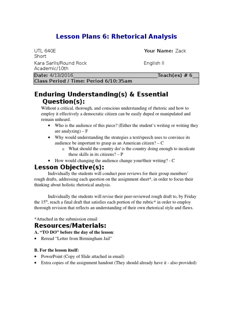 Lesson Plans 6: Rhetorical Analysis: Enduring Understanding(s ...