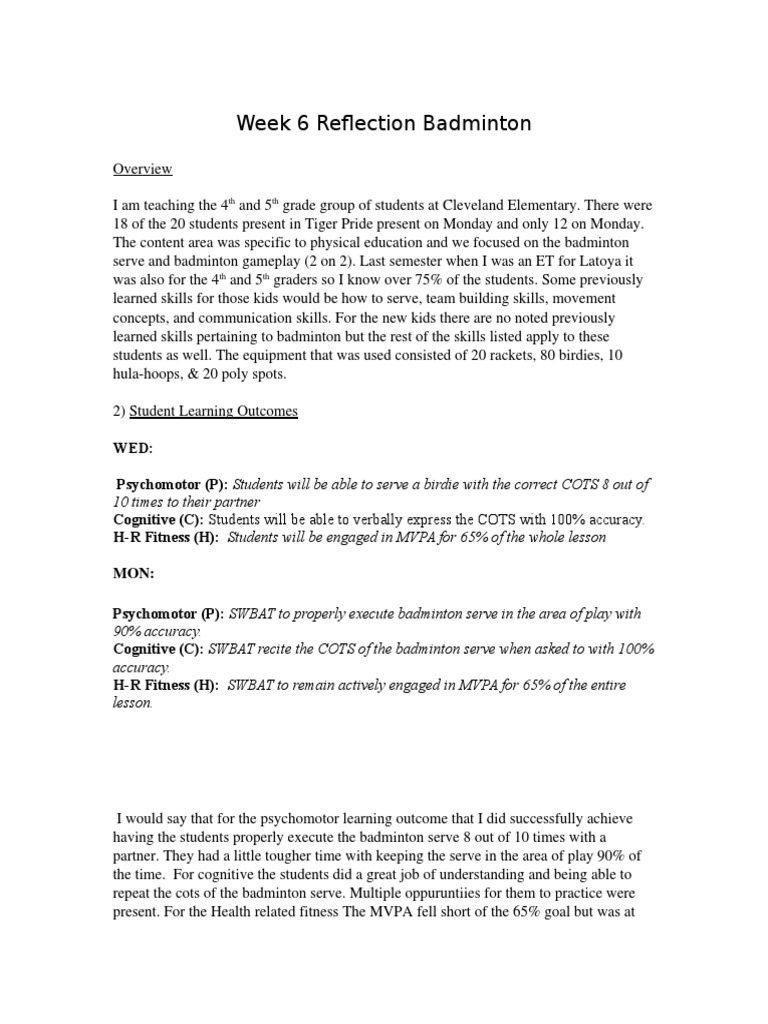 Week 6 Reflection Badminton | PDF | Physical Education | Teaching