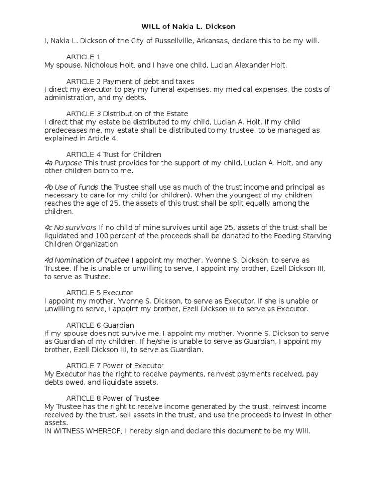 Nakia L. Dickson's Last Will and Testament | PDF