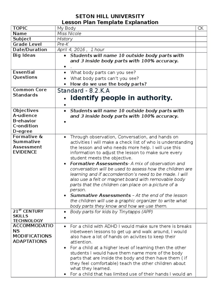 My Body Lesson Plan | PDF | Educational Psychology | Behavior Modification