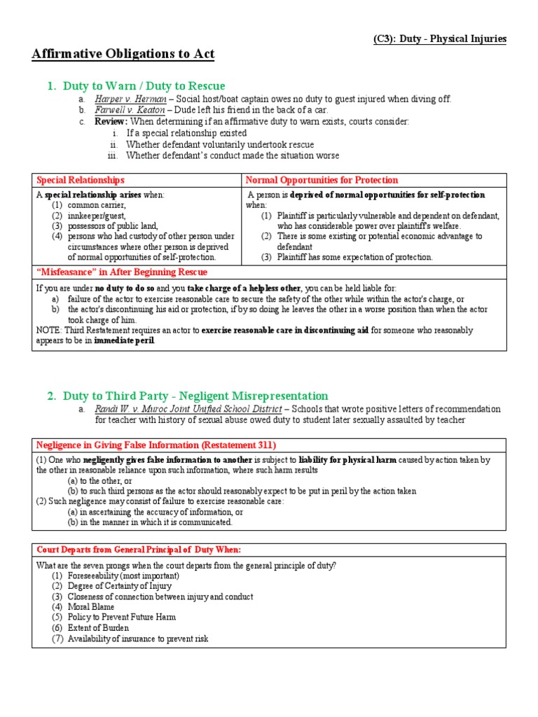 Affirmative Obligations To Act: 1. Duty To Warn / Duty To Rescue ...
