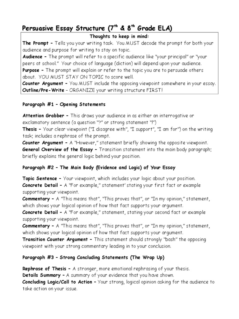 Persuasive Essay Structure (7 & 8 Grade ELA) : TH TH | PDF